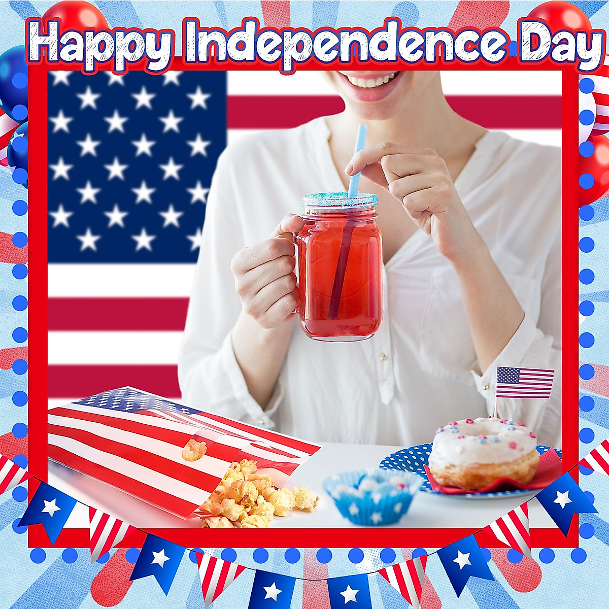 Chivertion 100 Pieces Patriotic Plastic Gift Bags Bulk American Flag Veterans Day Goodies Bags Red White and Blue Party Favors Bags Treat Bags for Labor Day Party Decoration