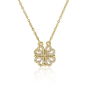 Vivkunulo Four Leaf Clover Necklace, 14K Gold Plated, Heart Convertible Necklace, for Women, 15.8”+2”inch (Yellow Gold)