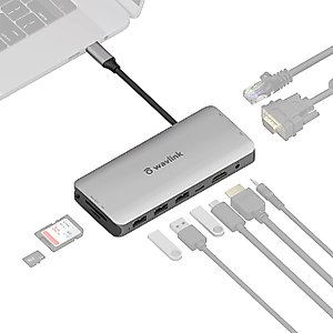 WAVLINK 10-in-1 USB C Hub, Type C to Dual Monitors 4K HDMI+VGA and 100W PD Charging for Thunderbolt 3/4, USB-C, Dell XPS 13/15, MacBook Pro, Lenovo Yoga (3xUSB 3.0 Ports, SD Card Reader, Audio, LAN)