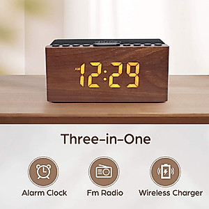 ANJANK Wooden Digital Alarm Clock FM Radio, Fast Wireless Charger Station for iPhone/Samsung Galaxy, 5 Level Dimmer, USB Charging Port, 2 Sounds, Sleep Timer, Wood LED Clock for Bedroom, Bedside, Desk