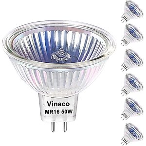 Vinaco MR16 Bulb，6 Pack MR16 Halogen Bulb 50W GU5.3 Base, 800LM High Output MR16 12V 50W Halogen, 2800K Warm White MR16 Dimmable with Clear Glass Cover, MR16 GU5.3 for Landscape, Track Lights
