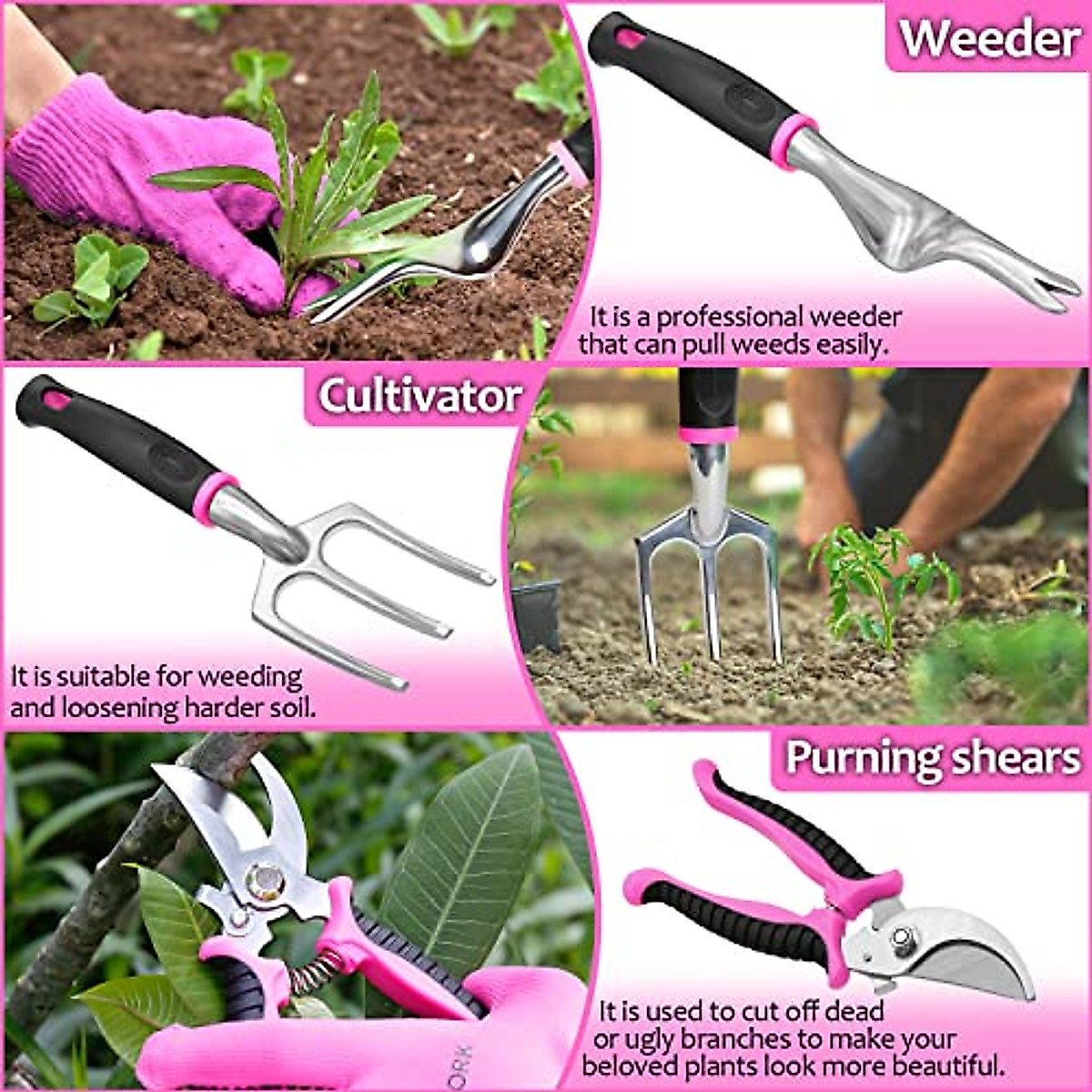 Garden Tool Set，10 Piece Pink Gardening Gifts for Women,with 2 in 1 Detachable Storage Bag, Trowel, Transplanter, Rake, Weeder, Cultivator, Purning Shears and 3 Additional Protection Tools(LANNIU)