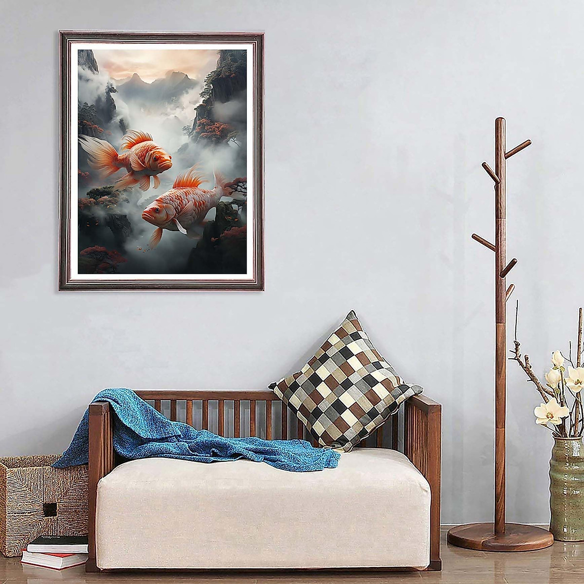 Ginfonr DIY 5D Diamond Art Kits for Adults, Fish Mountains Diamond Painting for Adults, Diamond Art Landscape Full Drill, Diamond Art Kits Embroidery Rhinestone Craft for Home Wall Decor 12 * 16 Inch