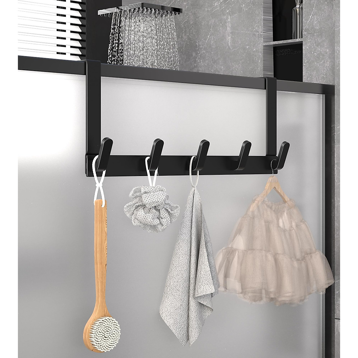 KitchLife Over The Door Hooks Hanger with Extended Arms for Easy Use by Women - Bathroom Accessories and Towel Rack Organization - 1 Pack, Matte Black