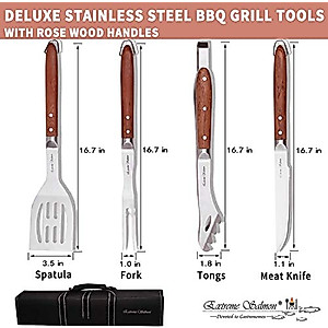 Deluxe BBQ Grill Tool Set with Rosewood Handles - Best Grilling Gift- Heavy Duty Grill Accessories Grilling Tools Set Grill Utensils- Extra Thick Stainless Steel Grill Spatula, Tongs, Fork& Meat Knife
