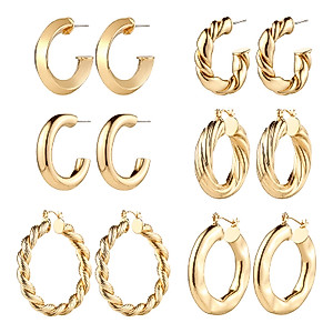 6 Pairs Gold Chunky Hoop Earrings for Women,14K Gold Plated Twisted Huggie Hoop Earring Set Hypoallergenic,Thick Open Hoop Earrings Packs Lightweight. (6 New Gold Hoops)