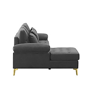 KoiHome Sectional Sofa 96.5" Left Hand Facing Velvet Button Tufted, 3-Seater Sleeper Couch with 3, Pillow top Arms, Modern L-Shape Chaise for Living, Bedroom,Waiting Room, Dark Grey