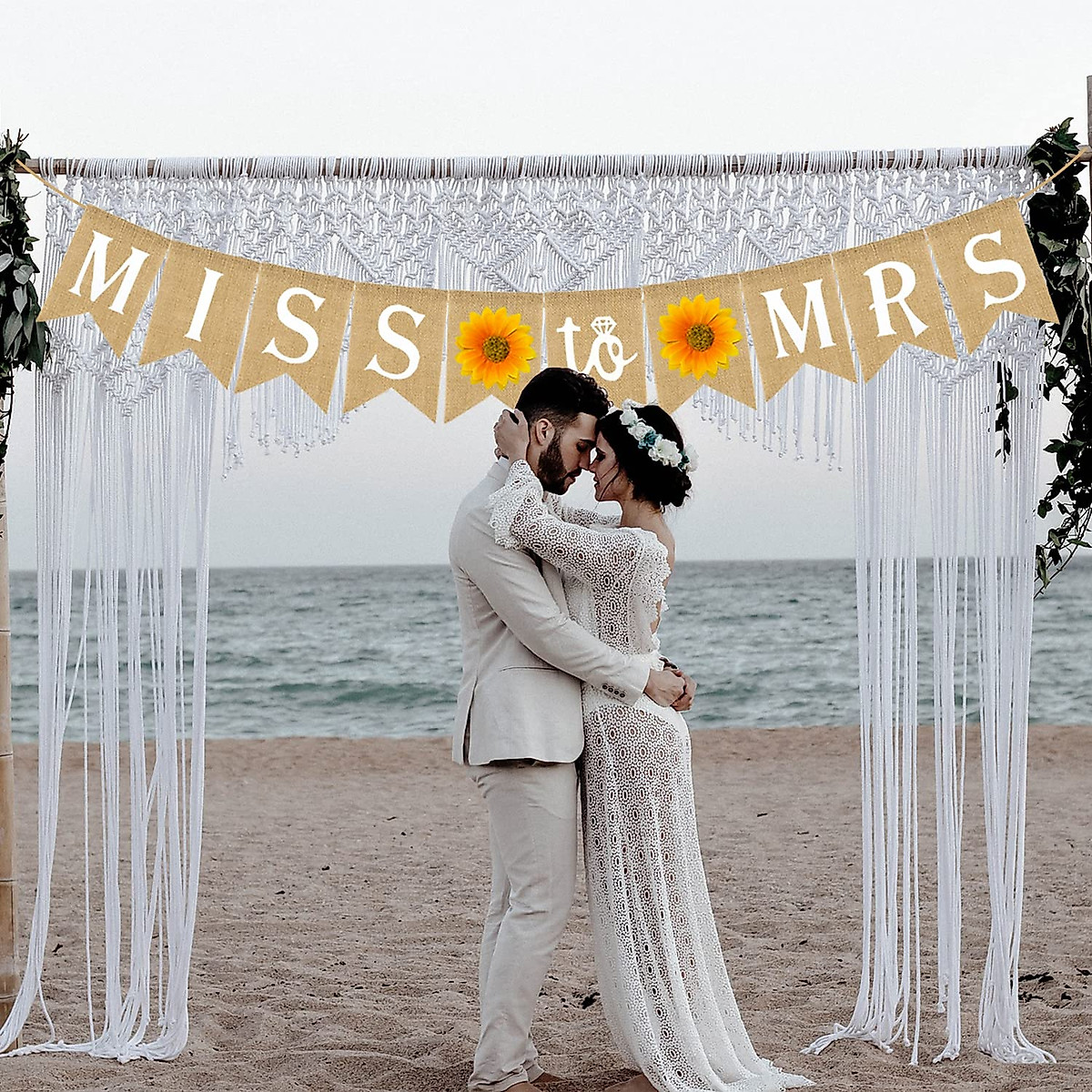 Doumeny From Miss to Mrs Burlap Banner Artificial Sunflower Bunting Garland Bridal Shower Party Banner Jute Wedding Bunting Banner for Bachelorette Engagement Announcement Anniversary Party Decoration