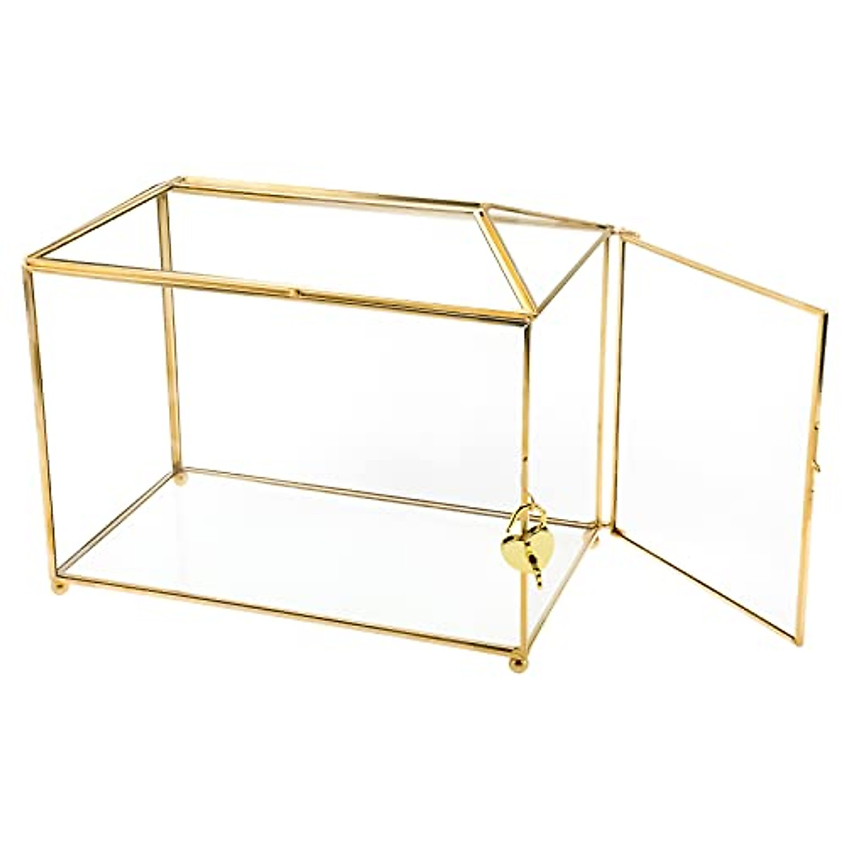 HighFree 10.2" Glass Wedding Card Box with Slot & Lock, Handmade Copper Gold Geometric Terrarium, Clear Display Box for Wedding Reception, Wishwell, Keepsake