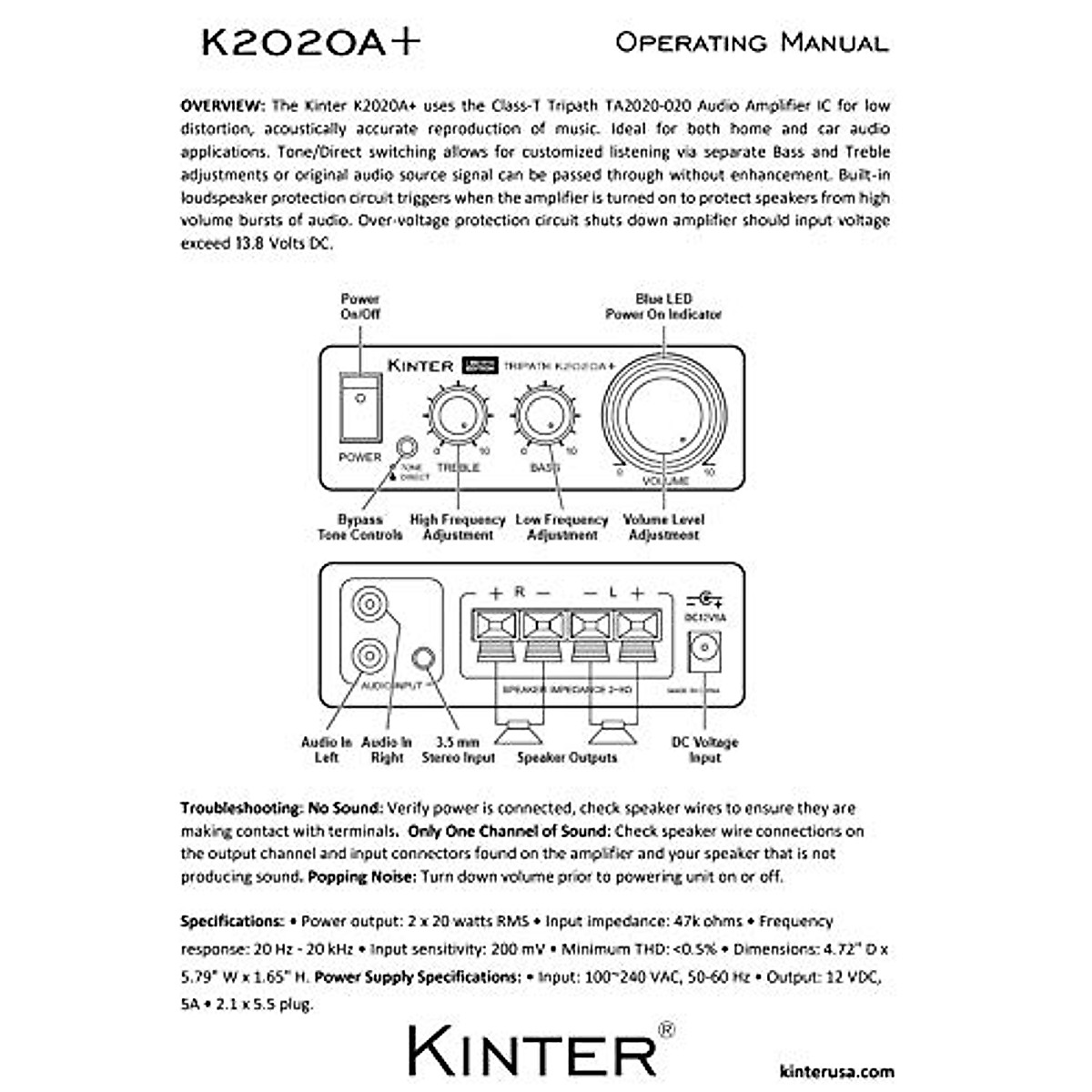 Kinter K2020A+ Limited Edition Original Tripath TA2020-020 Class-T Hi-Fi Audio Mini Amplifier with 12V 5A Power Supply Black