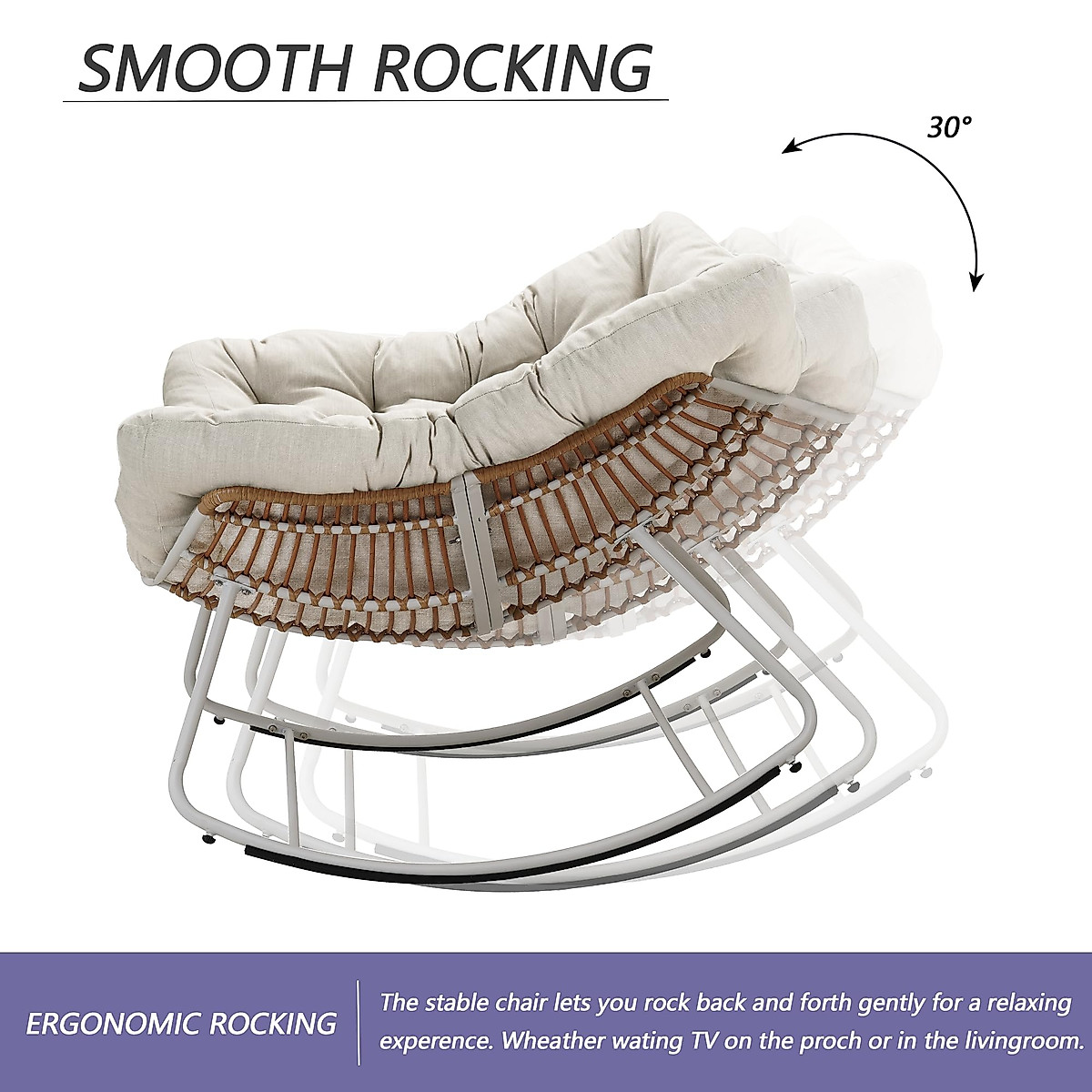 Naga Bahna Royal Rocking Chair, Outdoor Rocking Papasan Chair with Padded Beige Cushion Rocker Recliner Chair, Oversized Metal White Frame Rattan Egg Chair for Patio, Porch, Living Room