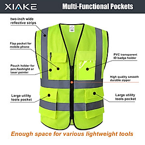 XIAKE Reflective Safety Vest for Men & Women Mesh High Visibility Vest with Pockets Meets ANSI Standards(Medium,Yellow)