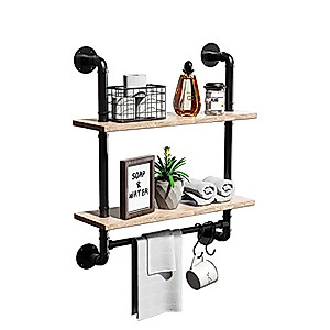 SDMETEI 24 Inch Industrial Pipe Shelf Bathroom Shelves, Rustic Wood Shelf with Towel Bar 2 Tier Farmhouse Industrial Pipe Shelving Towel Rack Over Toilet for Storage