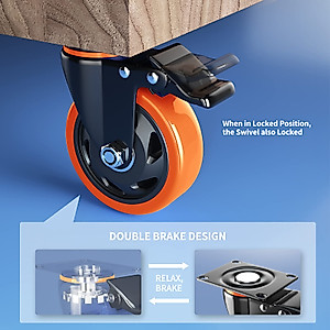 4 Inch Caster Wheels Heavy Duty 2200Lbs, Casters Set of 4 with Safety Dual Locking, Swivel Industrial Plate Casters, No Noise Wheels for Cart, Furniture(Bonus of 2 Hardware Kits & Gloves)