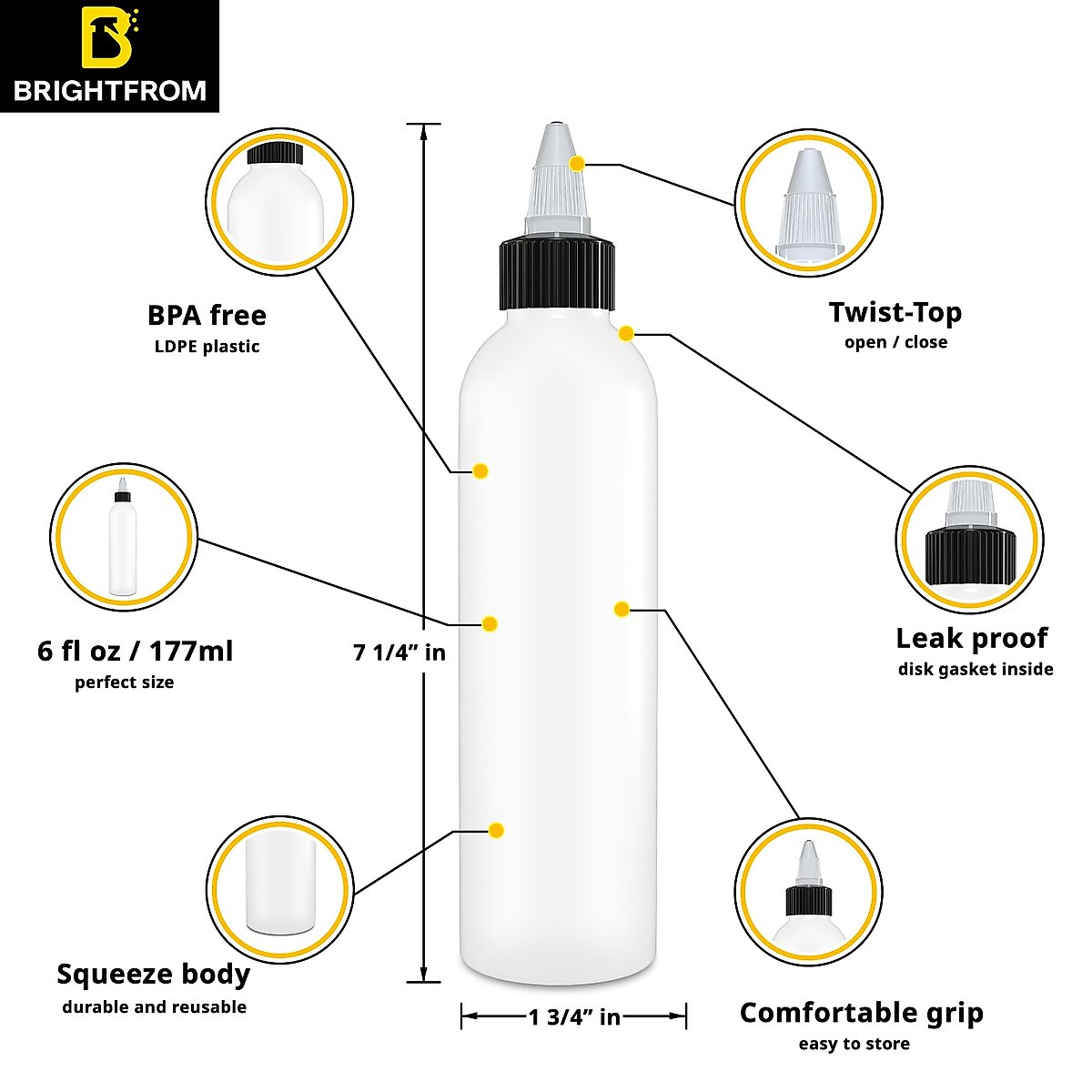 BRIGHTFROM Twist Top Applicator Bottles, Squeeze 6 OZ Empty Plastic Bottles, Refillable, Open/Close Nozzle - Multi Purpose (Pack of 2) (Black)