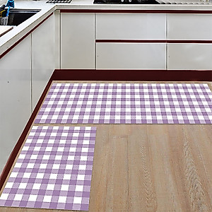 Kitchen Rugs, Purple and White Buffalo Check Plaid Gingham Farmhouse Decoration Non Slip Runner Rug Mat for Floor, Kitchen, Bedside, Sink, Office, Laundry, Set of 2