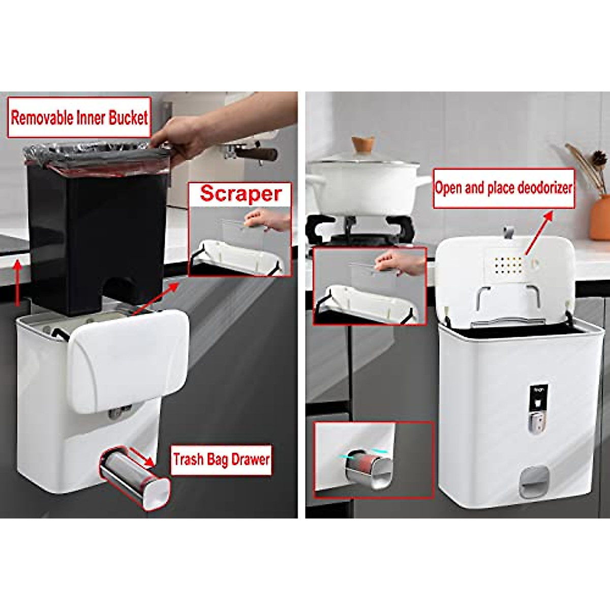 Sooyee Trash Can Kitchen Bathroom Trash Can with Lid,2.4 Gallon Small Trash Can,Hanging or Standing Plastic Compost Bin for Cupboard/Bedroom/Office/Camping,Waste Basket,White