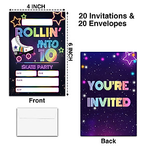 4" x 6" Neon Roller Skating 10th Birthday Party Invitation Cards With Envelopes (20 Sets) - Rolling Into 10 - C03