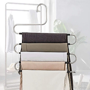 HonTop 3 Pack Pants Hangers S-Shape 5 Layers Stainless Steel with Black Silicone Coating Multi Clothes Cascading Pants Hangers Space Saving Clothes Organizer for Jeans Pants Scarf Ties Towels