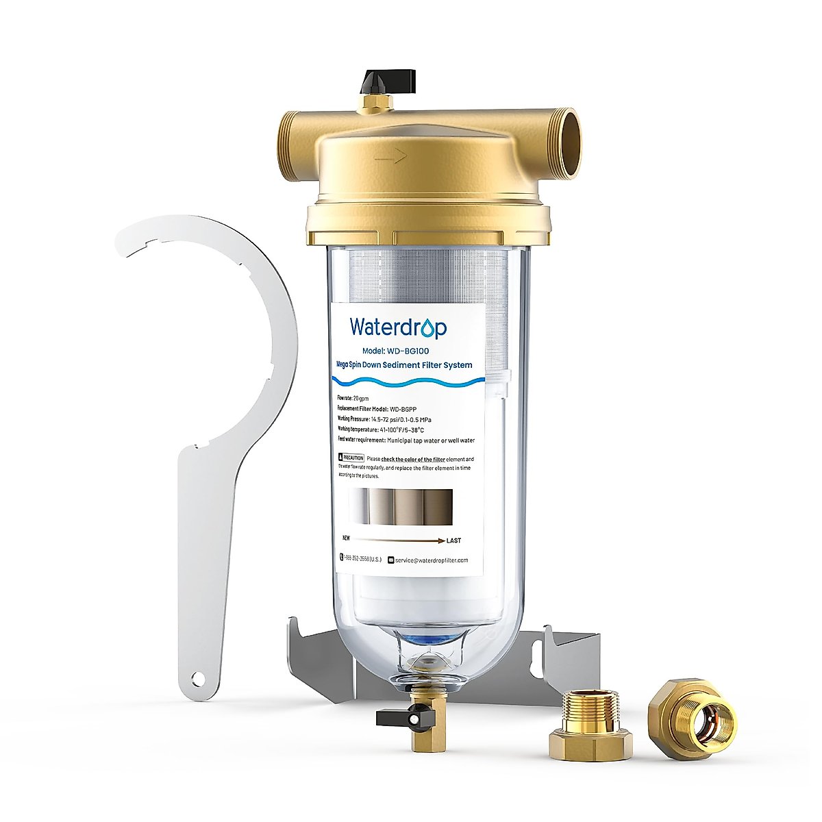 Waterdrop Mega Spin Down Sediment Filter, Reusable Whole House Water Filter System, Backwash Sediment Water Filter Double System 100 Micron+5 Micron PP Filter, BPA Free, 1" MNPT + 3/4" FNPT