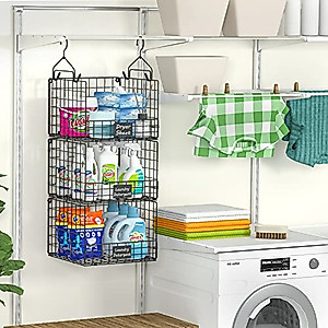 3 Tier Hanging Laundry Room Organizer Stackable Foldable Wall-Mounted Metal Wire Shelf Basket with Rotating Hook Nameplate for Dryer Sheet Laundry Detergent in Laundry Room Organizaton Storage