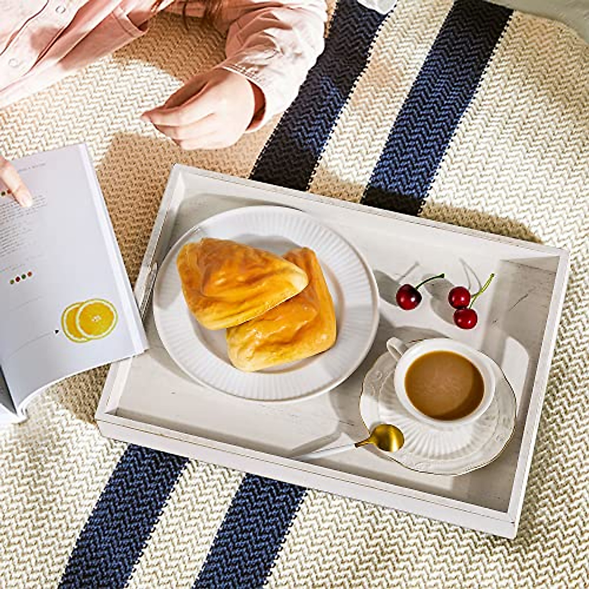 Hanobe Serving Tray with Handles: Rustic Decorative Wood Rectangle Trays with Cutout Handles for Coffee Table Breakfast Ottoman Living Room Kitchen Home Decor, Light Brown