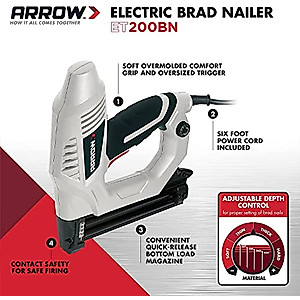 Arrow ET200BN Heavy Duty Electric Brad Nailer, Professional Nail Gun for Trim, Picture Frames, Crafts, Fencing, Uses Brad Nails in 5/8-Inch, 3/4-Inch, 1-Inch, and 1-1/4-Inch