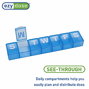 EZY DOSE Weekly (7-Day) Pill Case, Medicine Planner, Vitamin Organizer Box, Convenient and Easy to Use, Medium Compartments, Travel Friendly, Blue, BPA Free