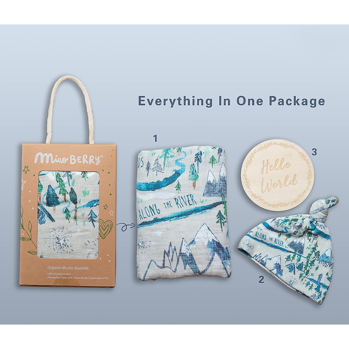 Miaoberry Organic Muslin Baby Boy Swaddle Blanket and Hat Set Newborn Unisex Neutral| Adventure Awaits| Boho Mountain Forest |Photo Props Birth Announcement Card