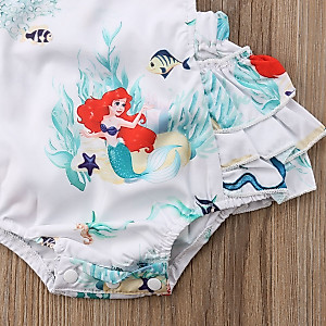 Baby Girls Rompers, Mermaid Sea World Pattern Flower Edge Bodysuit with Hairband Outfits Clothes（White，6-12M