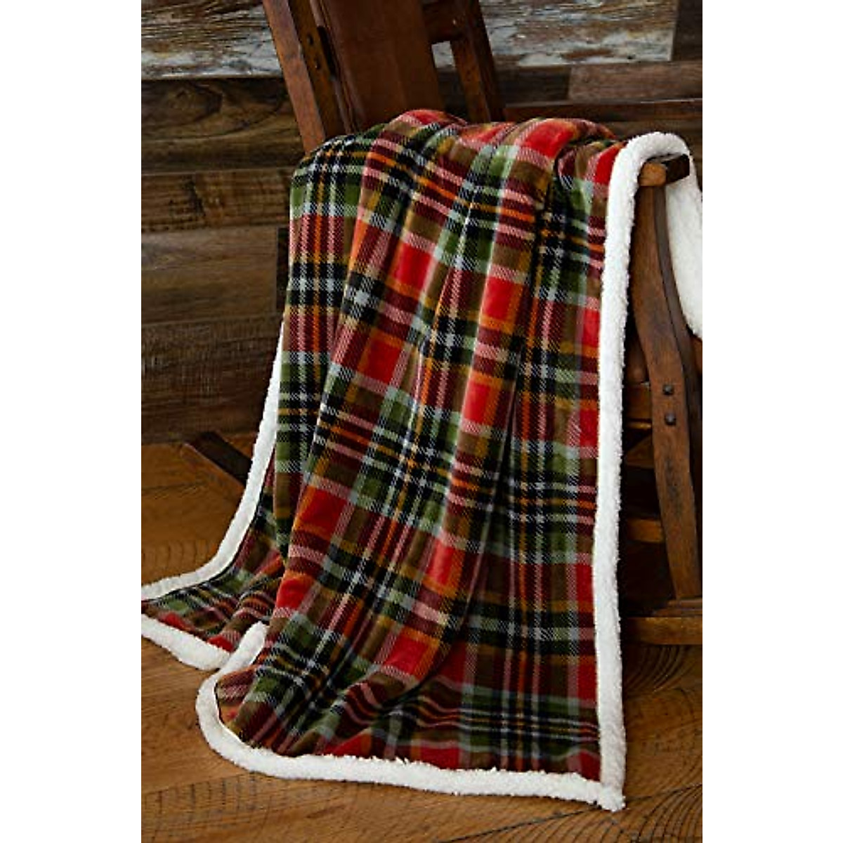 Carstens Rust and Sage Plaid Sherpa Throw Blanket 54" x 68", Red