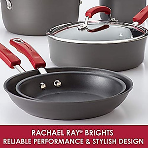Rachael Ray Brights Hard Anodized Nonstick Frying Pan / Fry Pan / Hard Anodized Skillet - 12.5 Inch, Gray with Red Handles