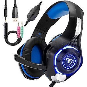 SVYHUOK Wired Gaming Headset for PS4, Over-Ear PC Headphones As Gifts for Kids Teens, Gamer Headset with Mic LED Light 3D Bass Surround Sound, Memory Foam Earpad for Mac, Laptop, Mobile (Black Blue)