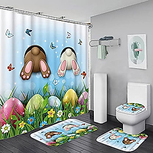 4 Pcs Easter Shower Curtain Set with Rugs, Toilet Lid Cover Bath Mat, Funny Bunny Hiding Colorful Eggs Decoration Shower Curtain with 12 Hooks, Spring Rabbit Waterproof Shower Curtain for Bathroom
