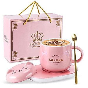 Coffee Cup Warmer with Cup - Coffee Mug Warmer Cup Warmer for Desk Coffee Warmer with Mug Set Coffee Mug with Warmer Coffee Warmer Plate (Pink)