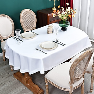 NEWISHER Farmhouse Oval Hemstitch Border Tablecloth Neutral Faux Linen Table Cloth Rustic Solid White Table Cover for Dining Kitchen Party Holiday Home 60x84 Inch