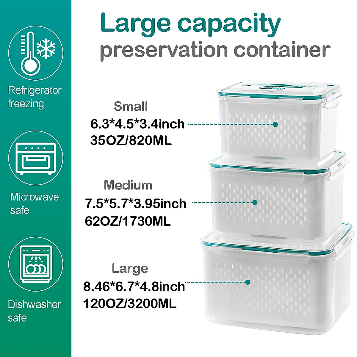 Upgraded Fresh Produce Vegetable Fruit Storage Containers,Fruit Containers for Fridge with Lid Vent Handle and Colander,Keep Berry Fruit Vegetable Food Meat Fresh Longer (3)