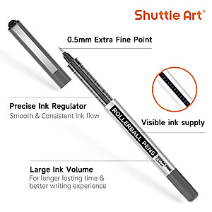 Shuttle Art RollerBall Pens, 25 Pack Black Fine Point Roller Ball Pens, 0.5mm Liquid Ink Pens for Writing Journaling Taking Notes School Office
