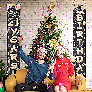 Happy Birthday Banner 21st Birthday Decorations Banners Cheers to 21 Years Birthday Party Supplies Black Gold Welcome Porch Sign for Men, Him, Indoor, Outdoor Party Decor