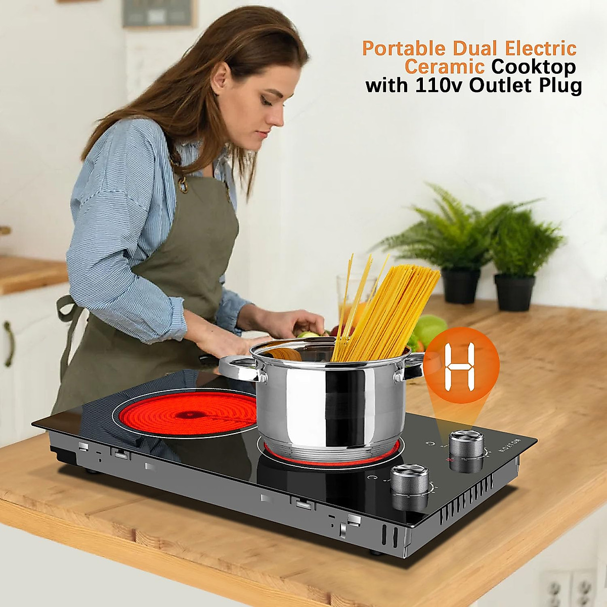 Noxton 110v Electric Cooktop 2 Burners, Plug in Electric Stove 12 Inch, Built-in or Above the Counter Use, 9 Power Level, Knob Control Ceramic Stovetop, Great for the Elderly