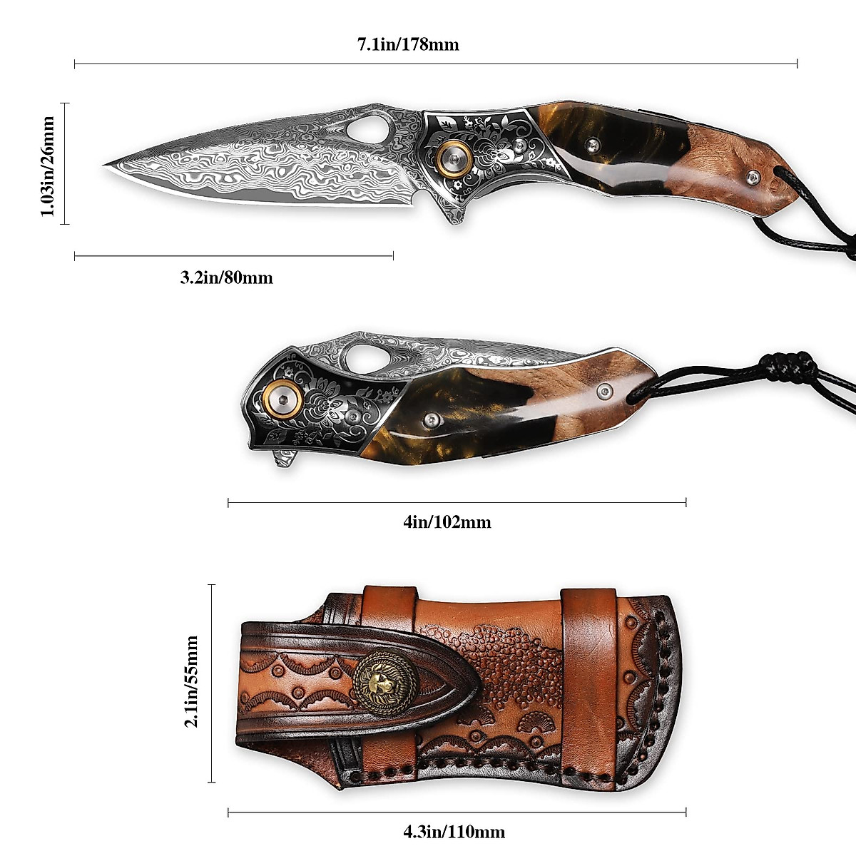 Minowe handmade Japan Damascus steel pocket knife，3.1" VG10 blade men and women Folding knife，With holster，Lining lock，resin and Maple handle，Suitable for EDC outdoor camping，go fishing hunting