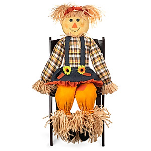 Large Thanksgiving Sitting Scarecrow Decor, Set of 2 50" Boy Girl Sitting Couple Scarecrows Deluxe Holiday Indoor Outdoor Fall Decoration for Autumn Harvest Home Porch Yard Garden Fireplace Mantle