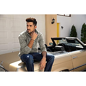 COOFANDY Mens Casual Knit Sweater Shirt Shawl Collar Fit Winter Pullover Khaki