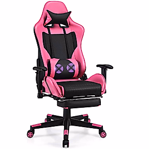 Giantex Massage Gaming Chair Pink, Ergonomic Video Game Chair with Footrest, High Back E-Sport Computer Chair with Headrest & Massager Lumbar Support, PU Leather Gaming Seat
