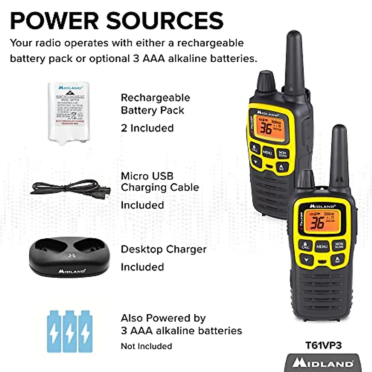 Midland X-TALKER 36 Channel FRS Two-Way Radio - Long Range Walkie Talkie, 121 Privacy Codes, & NOAA Weather Scan + Alert (Black/Yellow, 2-Pack)