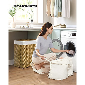 SONGMICS Laundry Hamper with Lid, 90L Clothes Hamper with 2 Removable Liner Bags, 6 Mesh Bags, Wicker Laundry Basket, Double Laundry Hamper for Bathroom, 13 x 18.1 x 23.6 Inches, Natural ULCB251N01V1