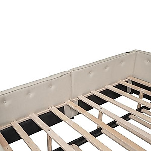 KTATK Wood House Bed with 2 Twin Solid Bed,L Structure Bedroom Platform Bed Frame W/Fence and Slatted Frame,No Box Spring Required,for Kids Teens Boy Girl,White