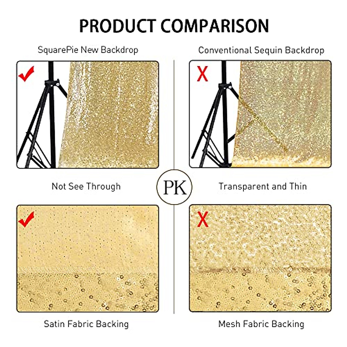 SquarePie Sequin Backdrop Curtain Gold 2FT x 8FT 2 Pcs Satin Backing Sparkly Wedding Party Background