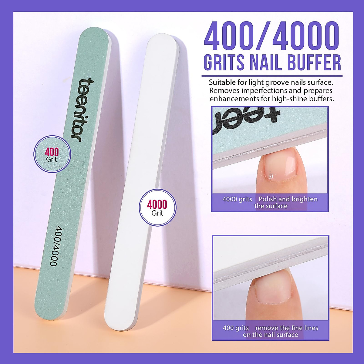 Teenitor Nail Polish Gel Remover Tools Kit with Nail Clips Nail Remover Pads Cuticle Pusher Nail Brushes Nail File Grits 120/180 Buffer Block Grits 400/4000, 6 Pack Purple