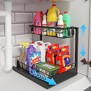 REALINN Under Sink Organizer, Height Adjustable Kitchen Organizers and Storage, 2 Tier Pull Out Sliding Cabinet Organizer, Multi-Use for Kitchen Bathroom Cabinet